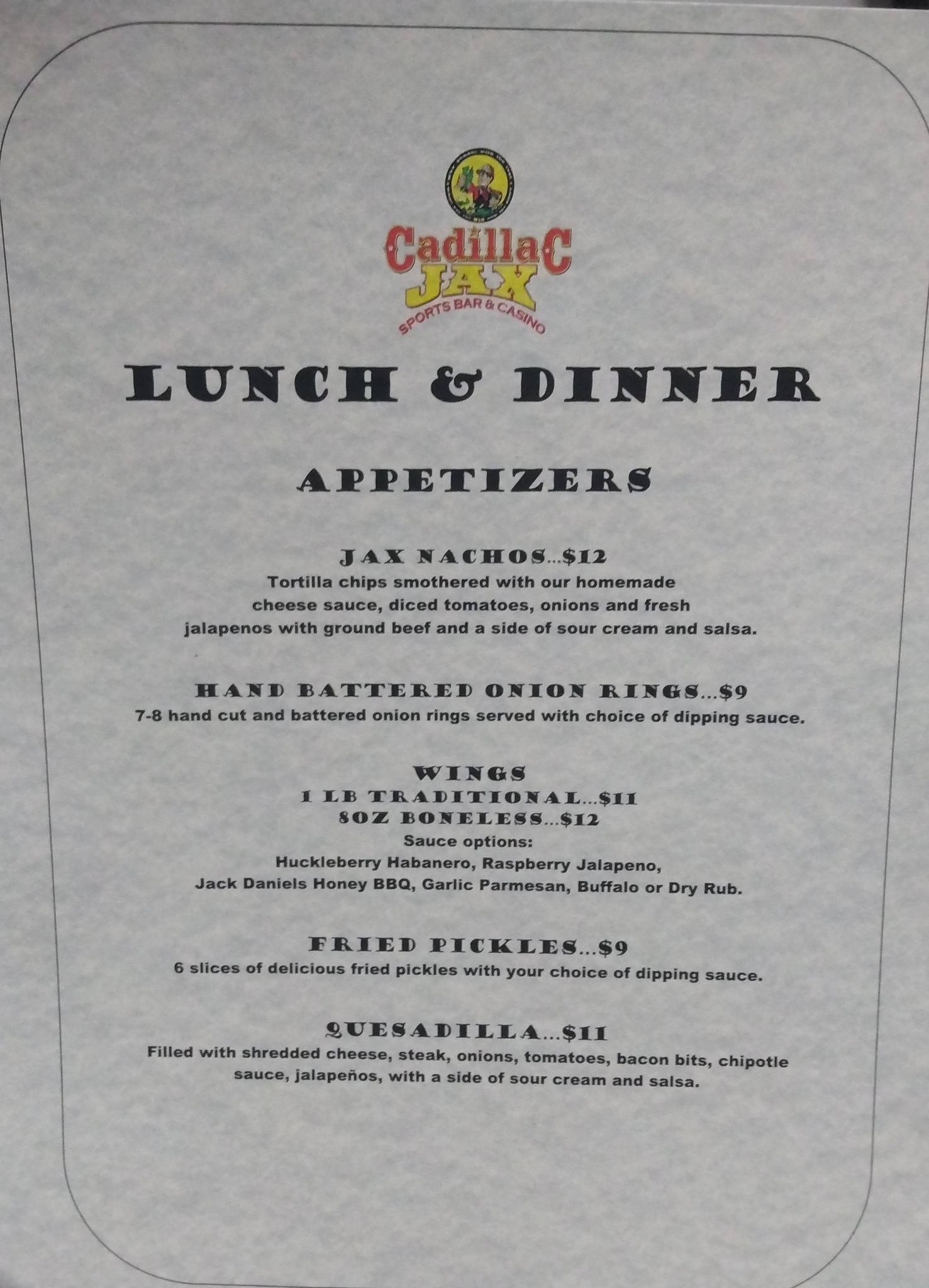 Menu at Cadillac Jax Bar & Grill, Billings