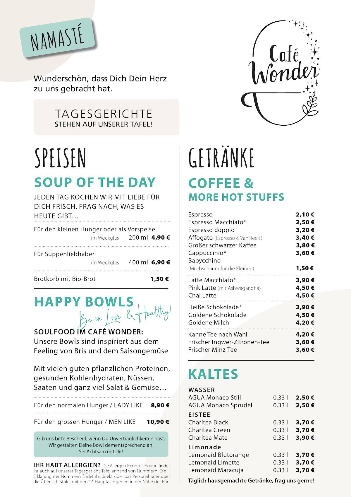 Speisekarte von Café Wonder cafe, München