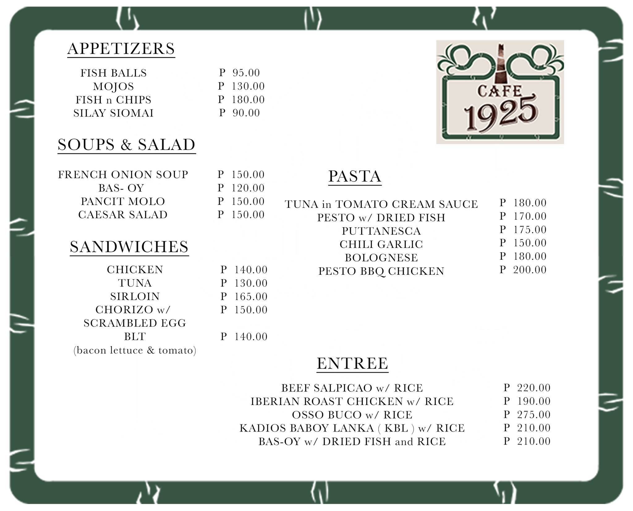 Menu at Café 1925 Silay City restaurant, Silay City
