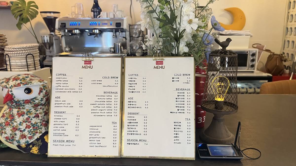 Menu at Cafe 333, Seoul
