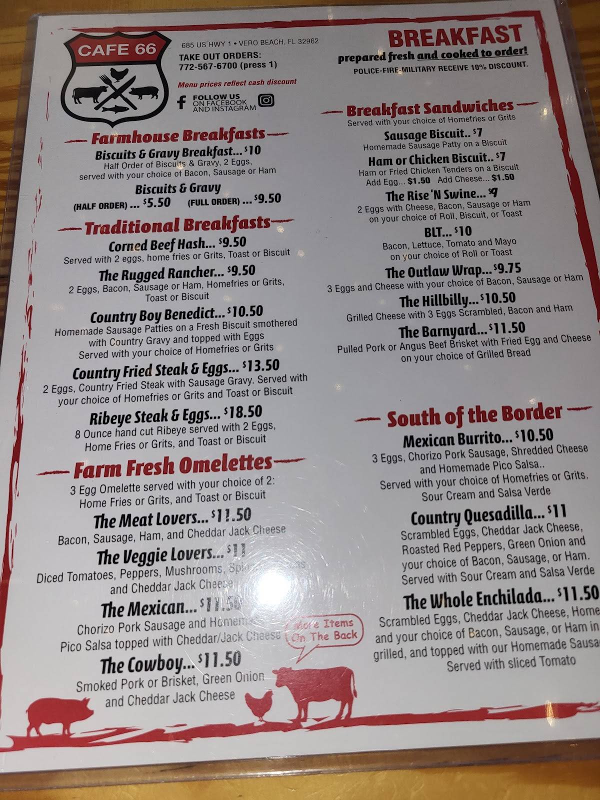 Menu at Cafe 66, Vero Beach, 685 US-1