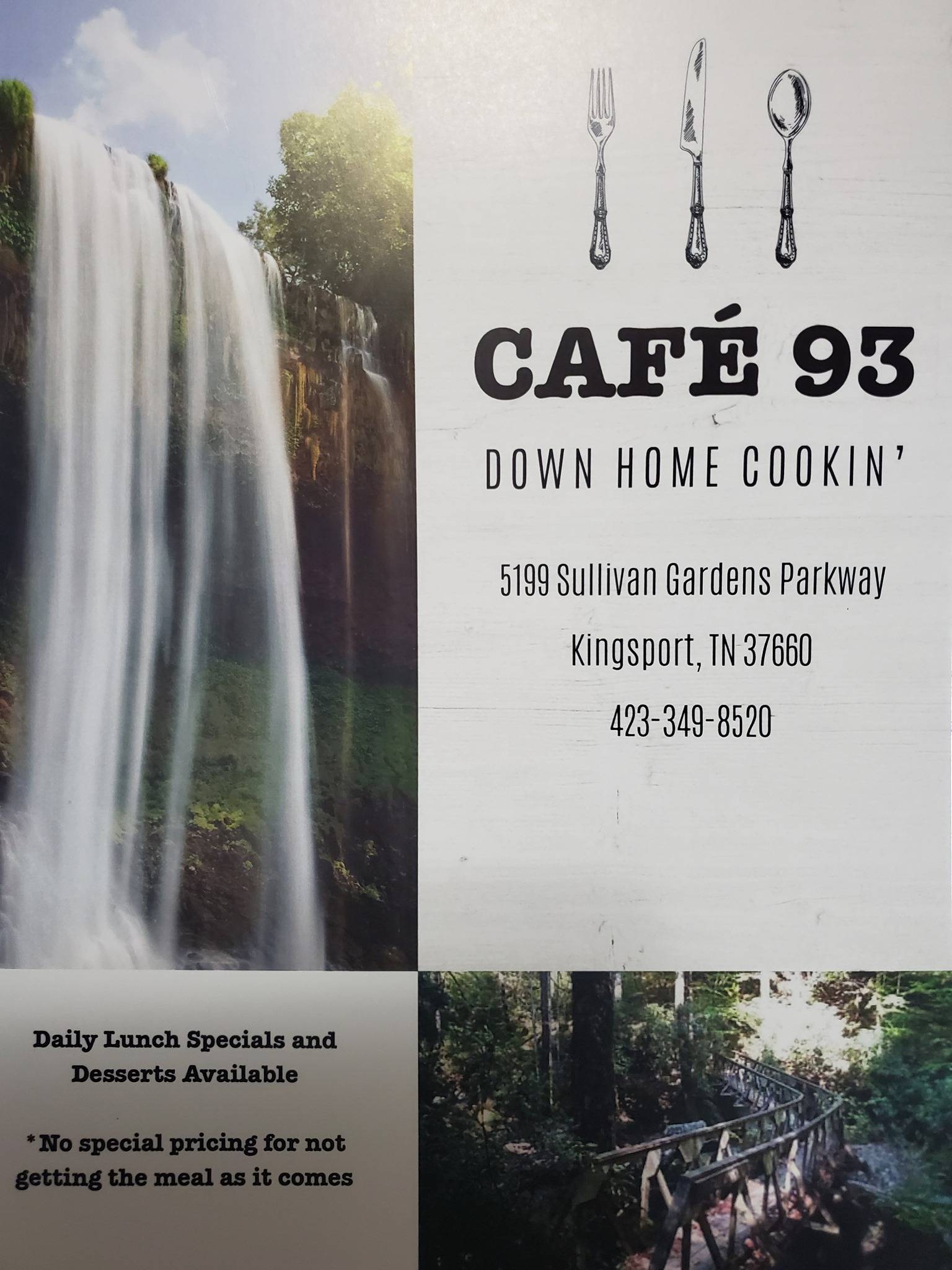 Menu at Cafe 93, Kingsport