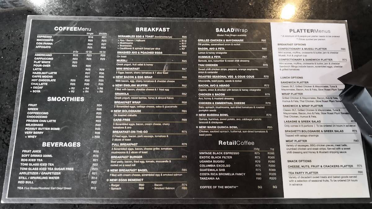 Menu au AfricaBlack Roastery & Espresso Bar, Randburg