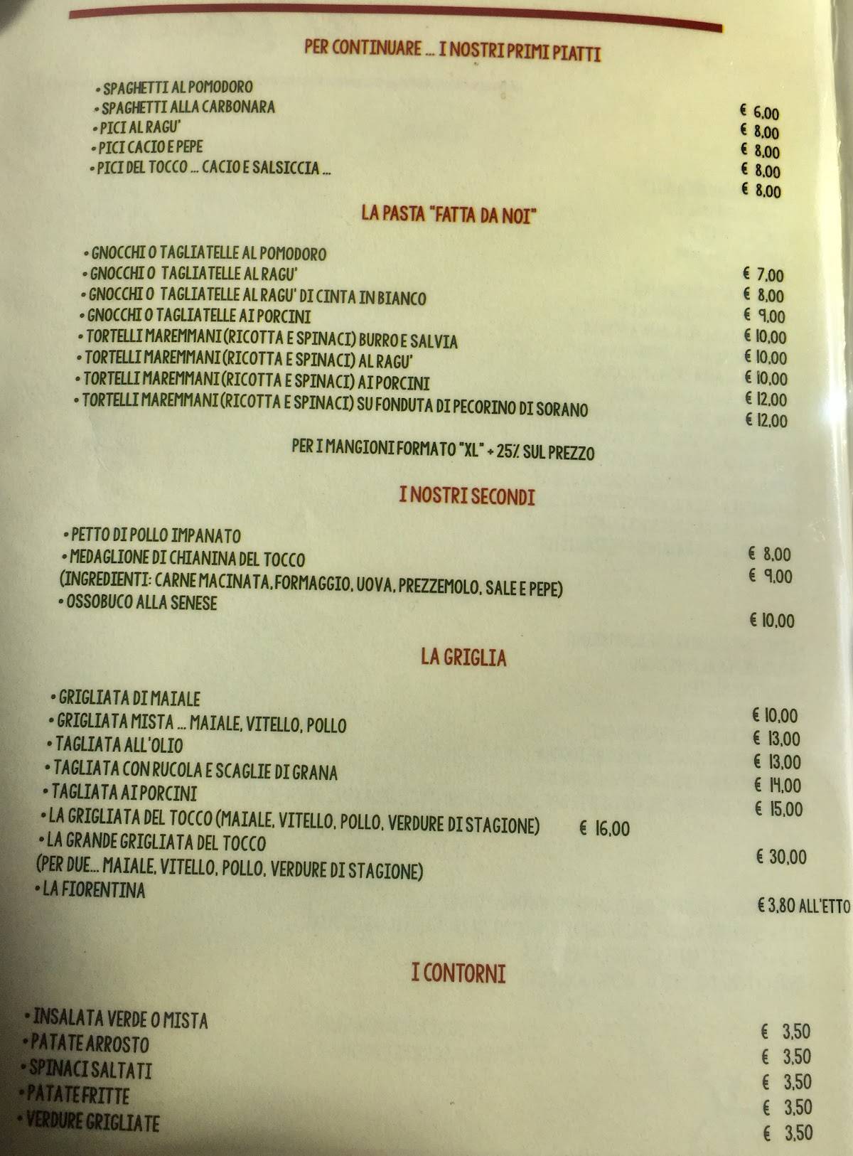 Menu da Al Tocco - Ristorante Cucina Tipica Senese, Siena