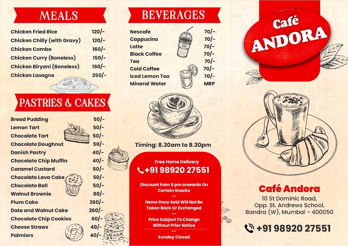 Menu at Café Andora, Mumbai