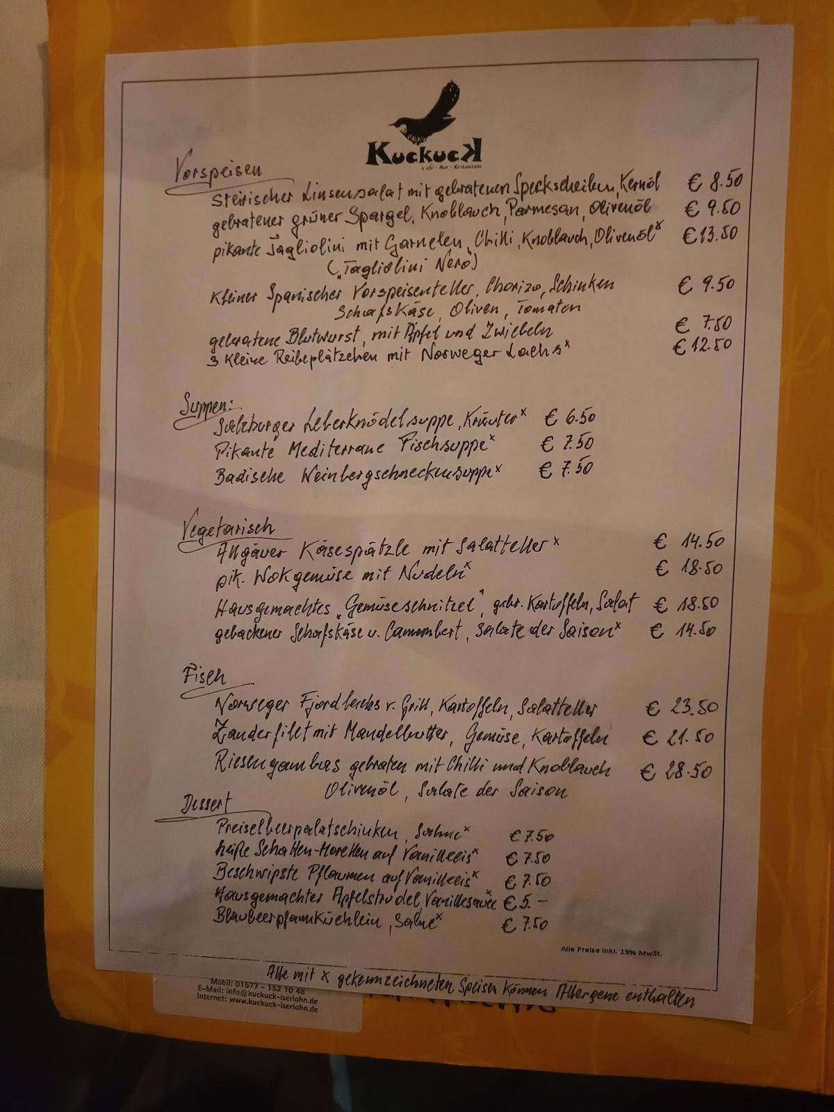 Speisekarte von Café Bar Restaurant Kuckuck, Iserlohn