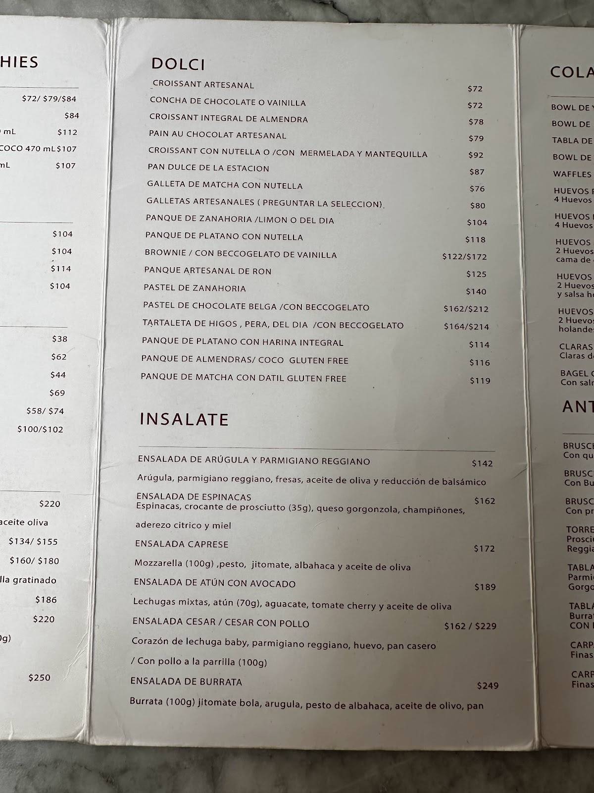 Menu at Becco Café, Mexico City, Av. Ejército Nacional Mexicano 843