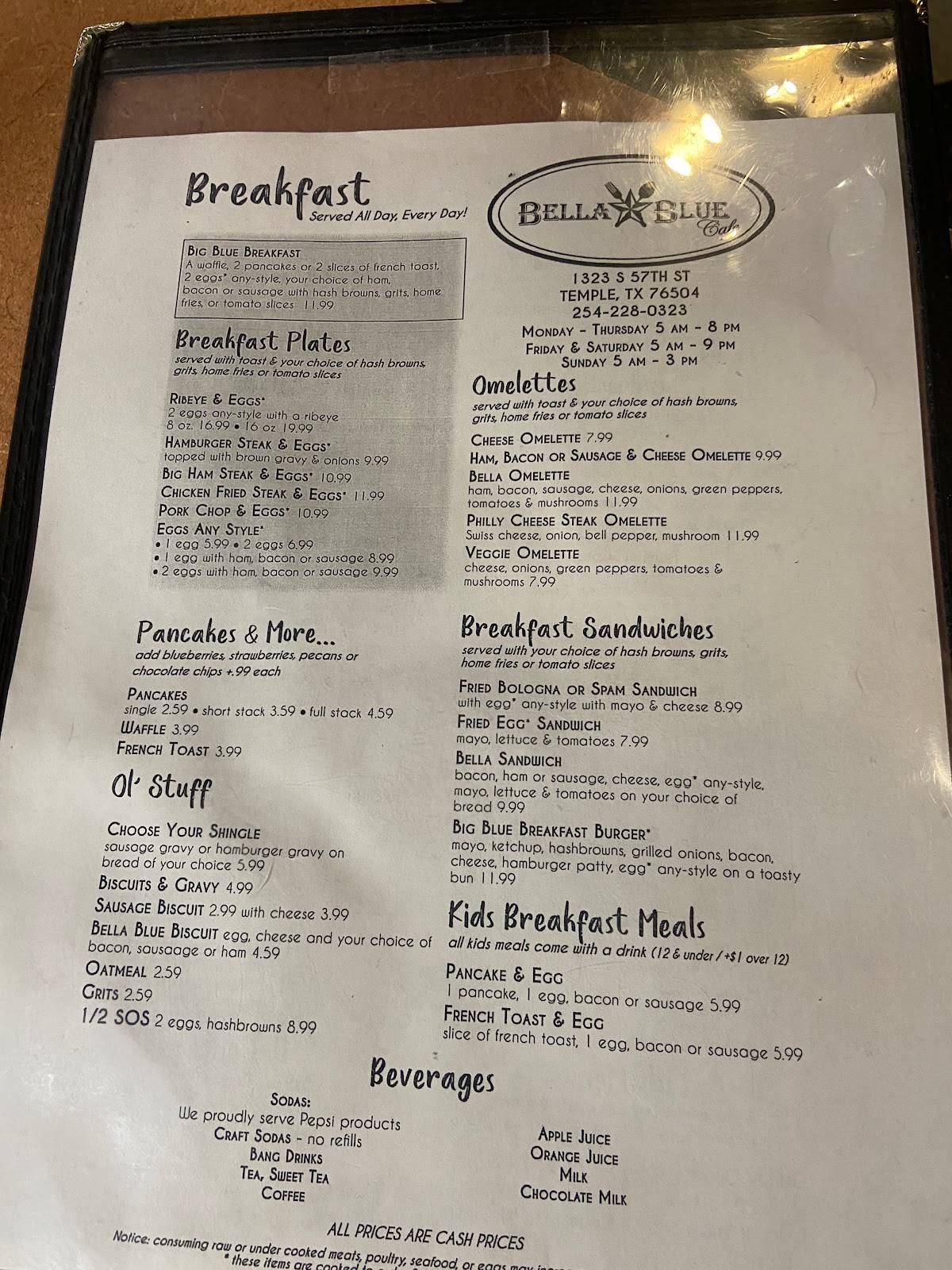 Menu at Bella Blue Cafe, Temple