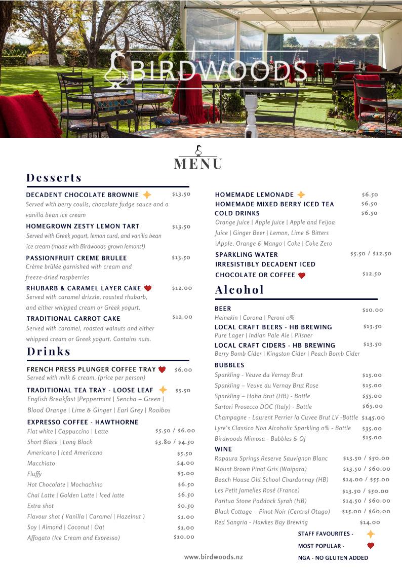 Menu at Birdwoods Gallery cafe, Havelock North