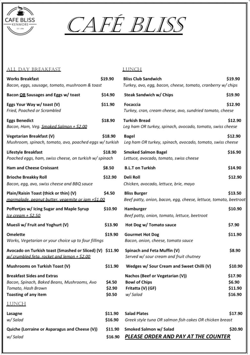 Menu at Cafe Bliss, Kenmore, 6/9 Brookfield Rd