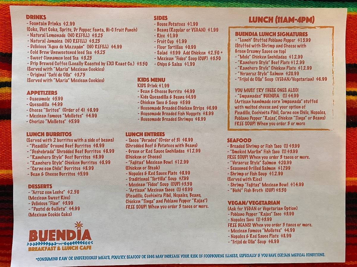 Menu at Buendia Breakfast & Lunch Cafe, Tucson