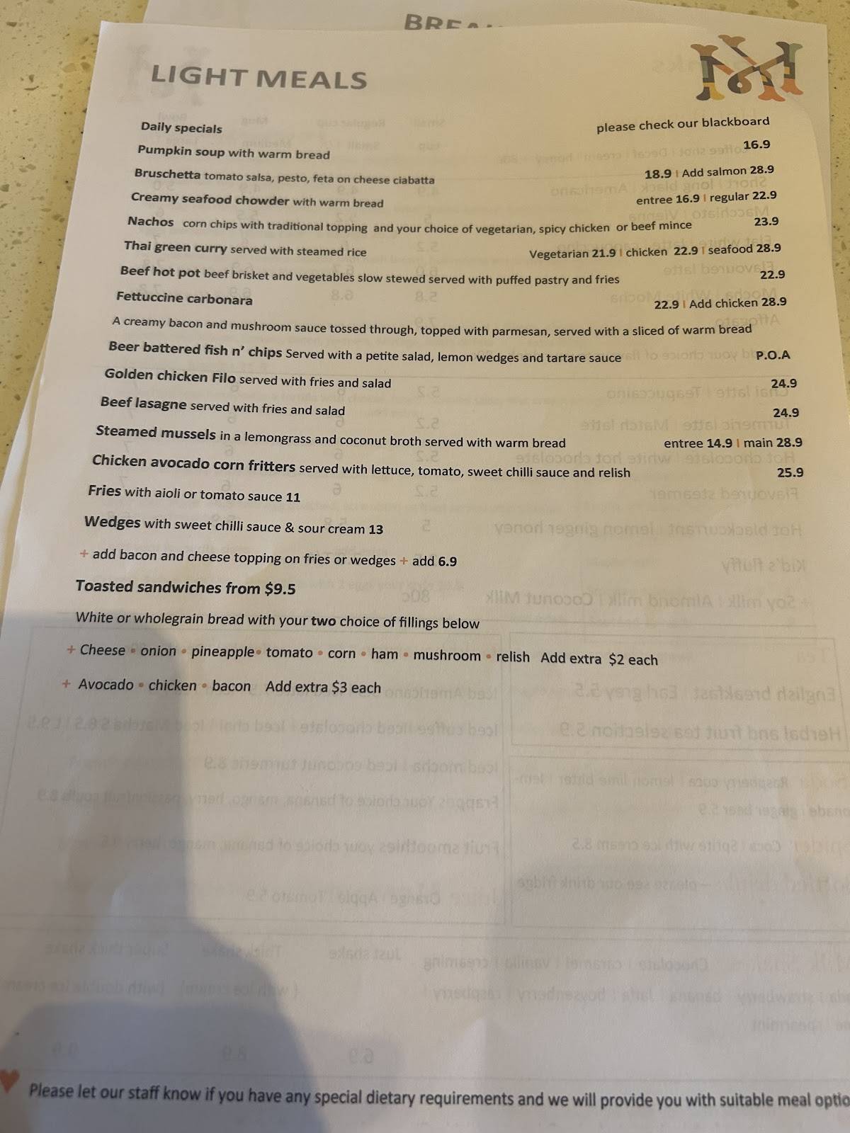 Menu at Cafe Mosaic, Christchurch, Barrington Mall 21/256 Barrington St