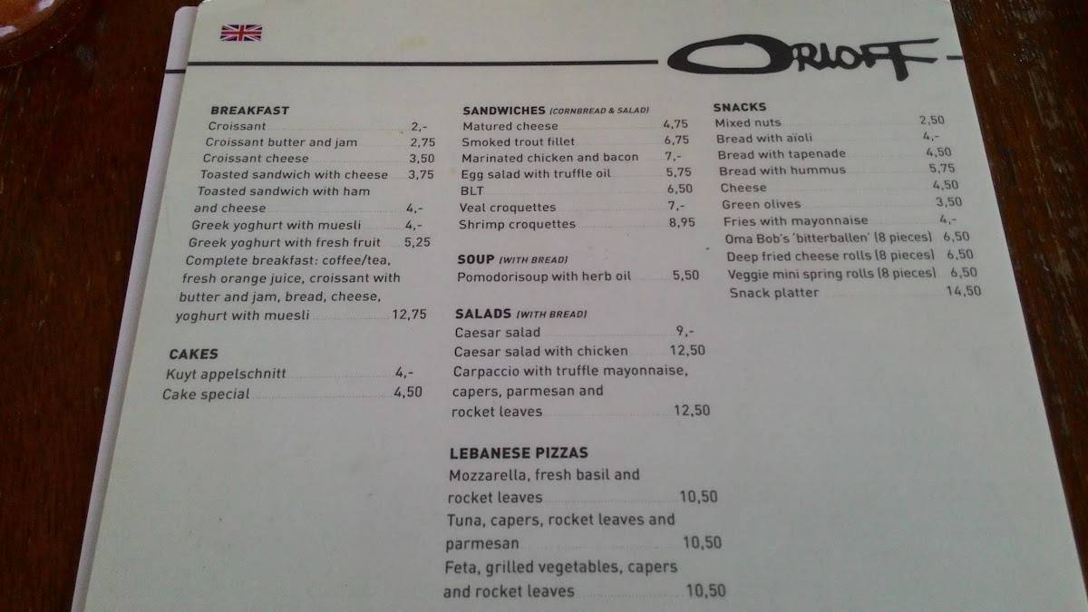 Menu at Café Orloff Amsterdam, Amsterdam