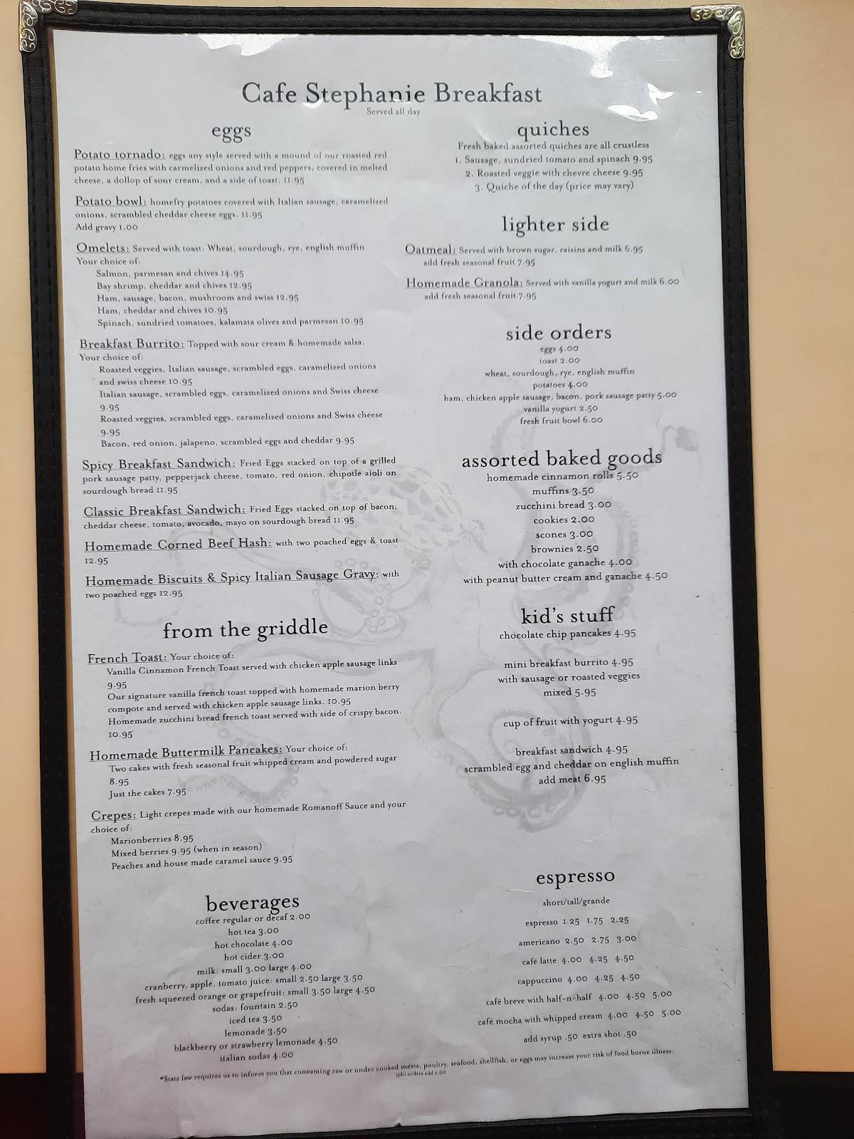 Menu at Cafe Stephanie, Newport