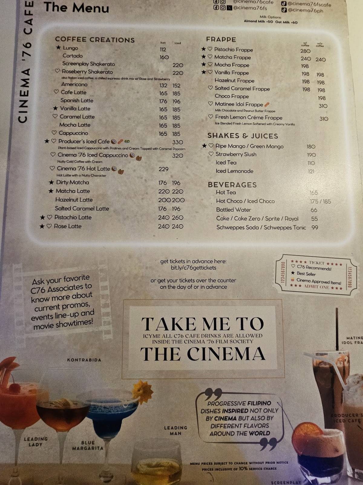 Menu at Cinema '76 Cafe, Quezon City, T. Morato Ave