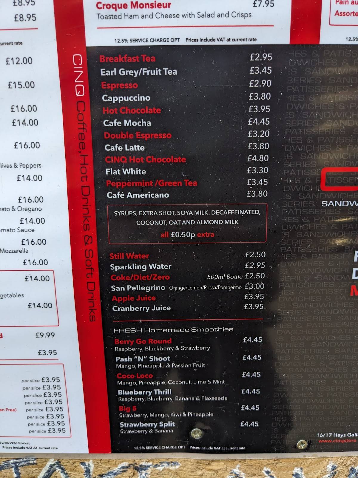 Menu at Cinq Restaurants, London, 16-17 Hay's Ln