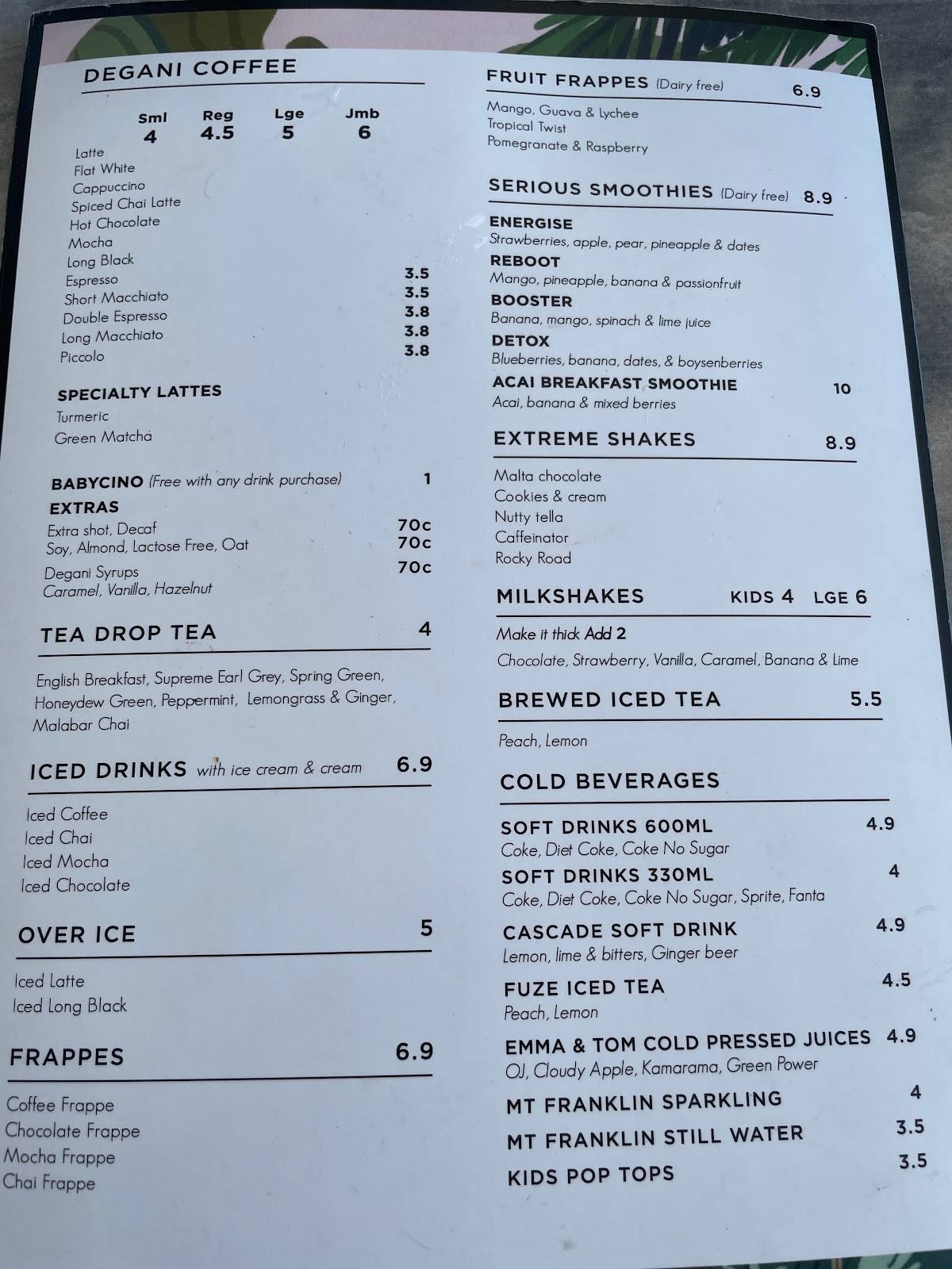 Menu at Degani Capestone cafe, Mango Hill
