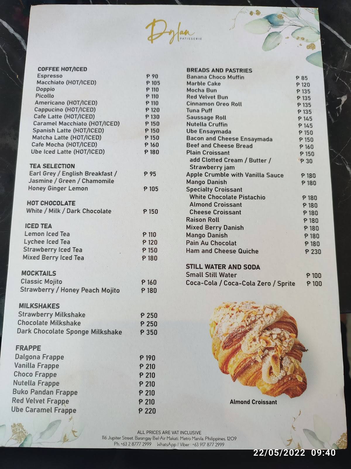 Menu at Dylan Patisserie Makati cafe, Makati