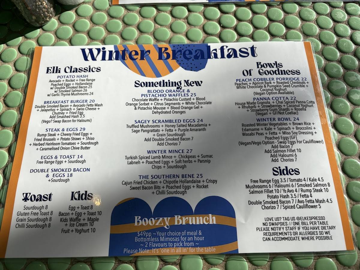 Menu at ELK Espresso cafe, Broadbeach, Shop G044 Oasis Shopping Centre