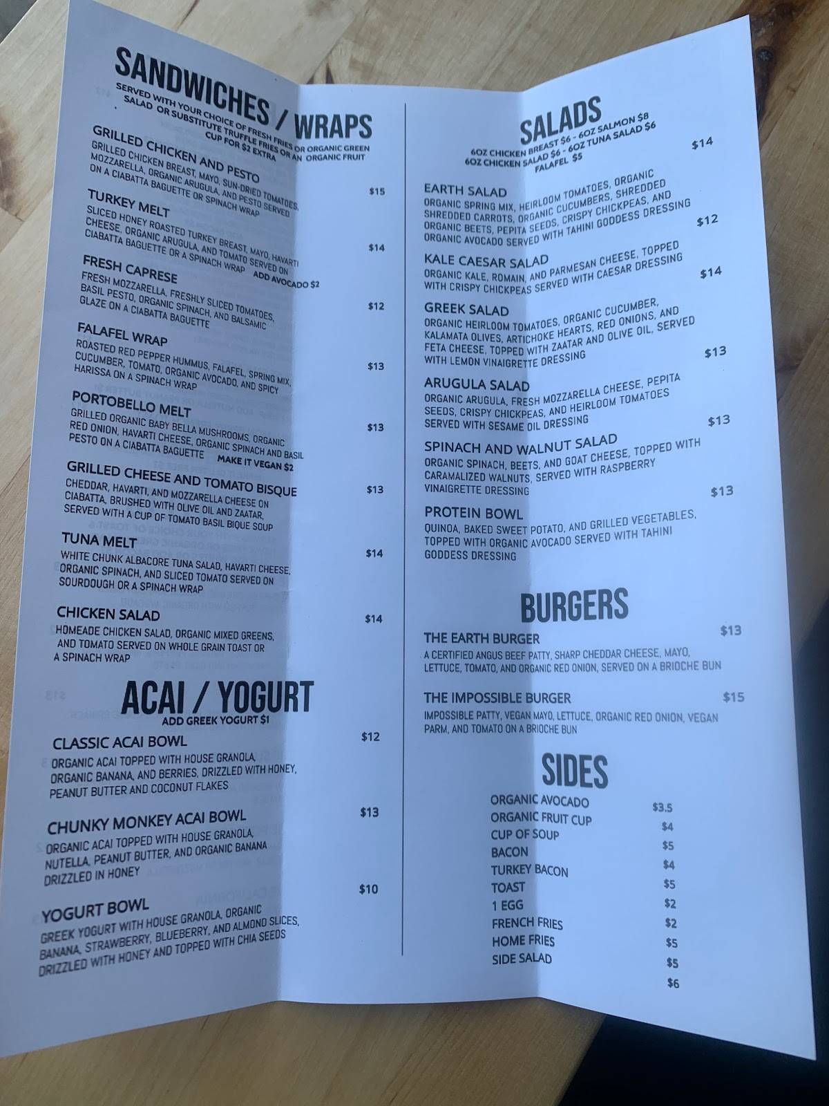 Menu at Earth Cafe, Myrtle Beach