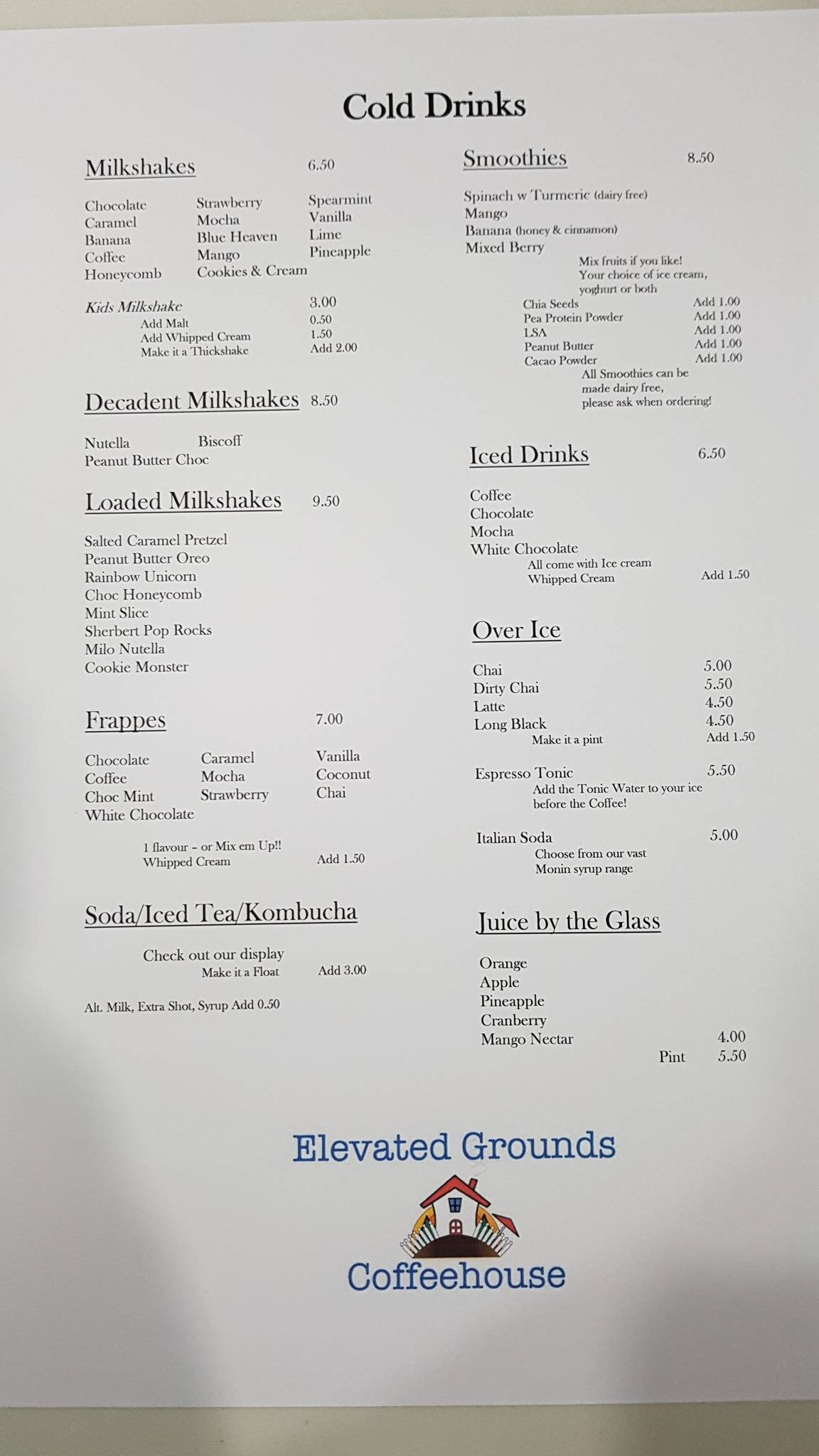 Menu at Elevated Grounds Coffeehouse cafe, Kalamunda