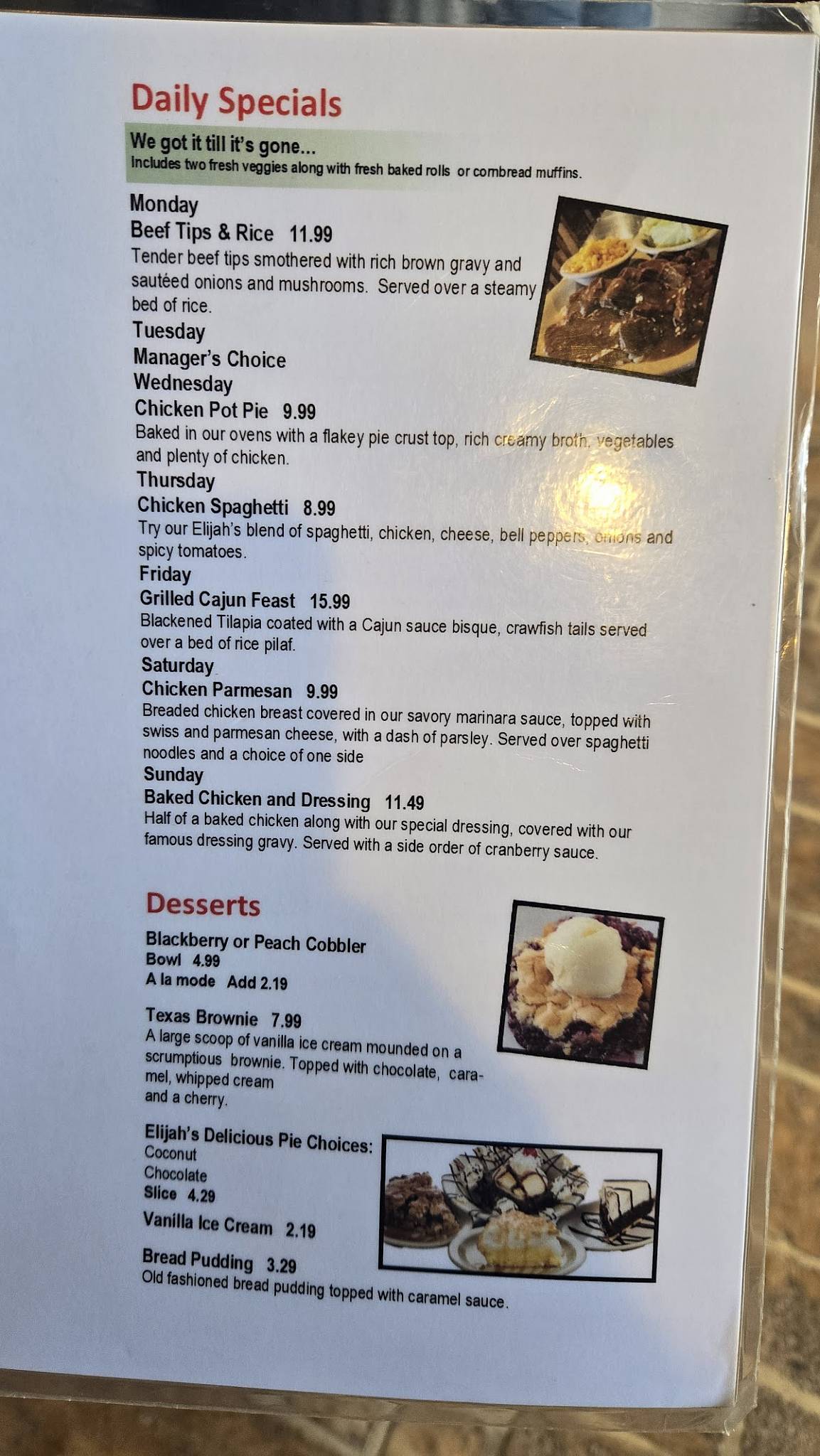 Menu at Elijah's Cafe, Jasper, 201 W Gibson St