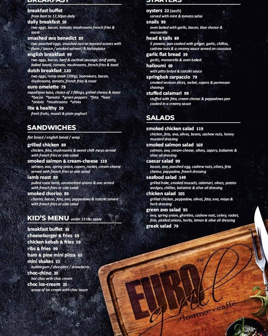 Menu at Euro Caffé cafe, Bloemfontein, U32 Mimosa Mall