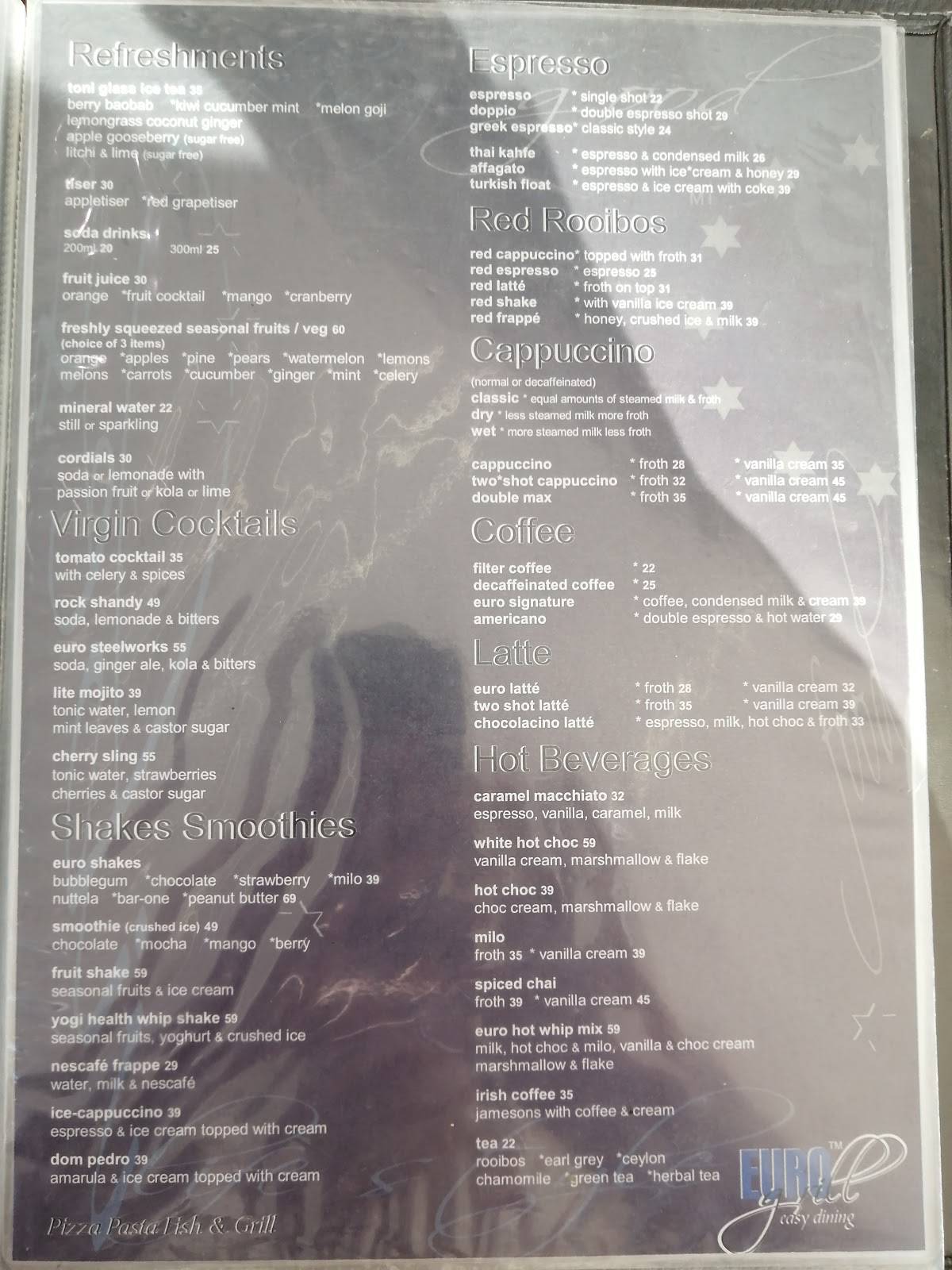 Menu at Euro Caffé cafe, Bloemfontein, U32 Mimosa Mall