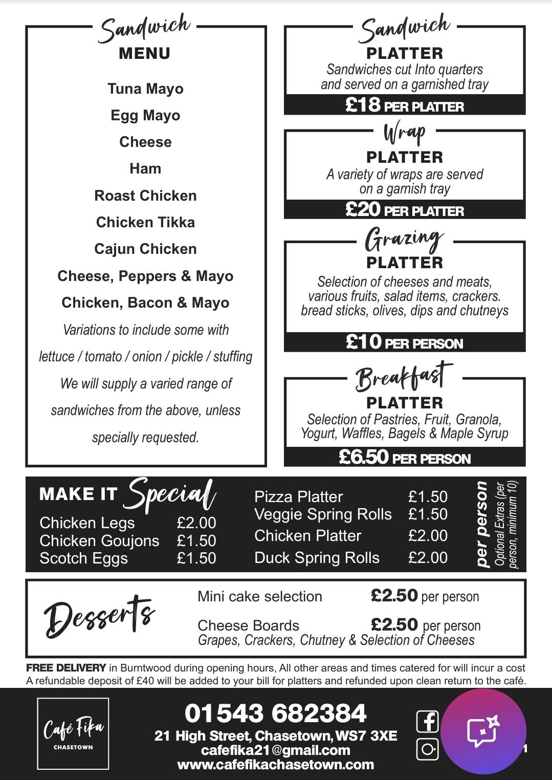 Menu at Café Fika Chasetown cafe, Burntwood