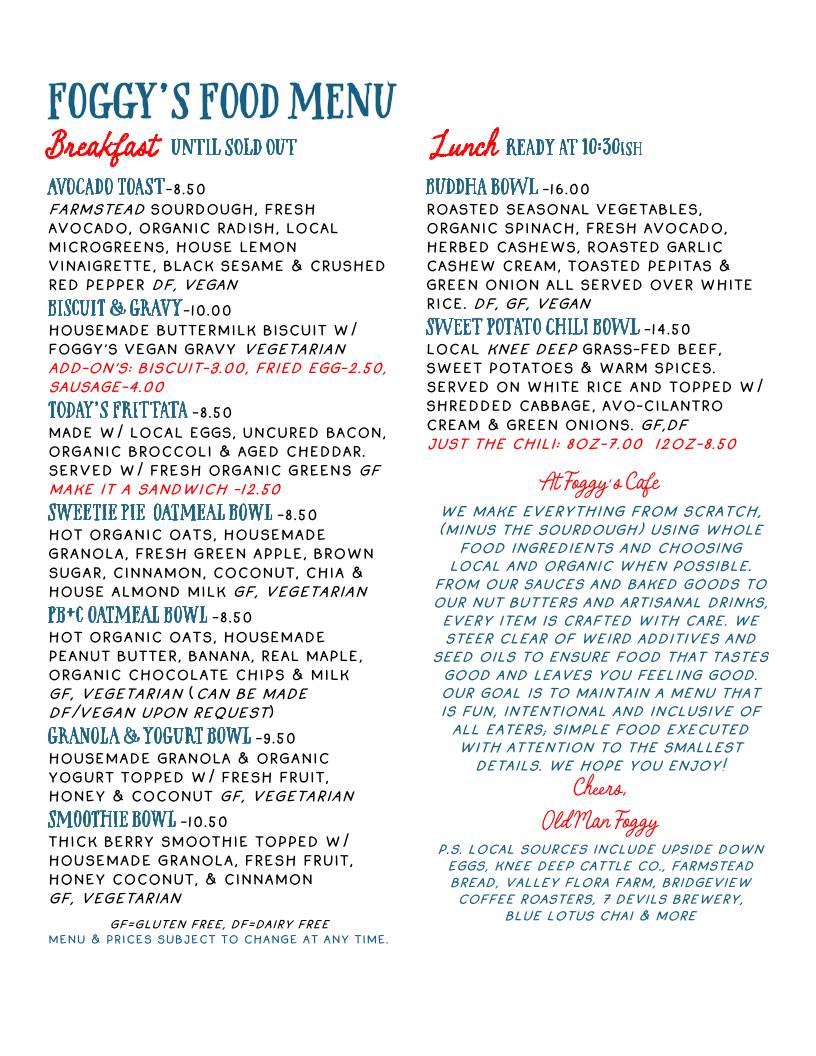 Menu at Foggy's Cafe, Coos Bay