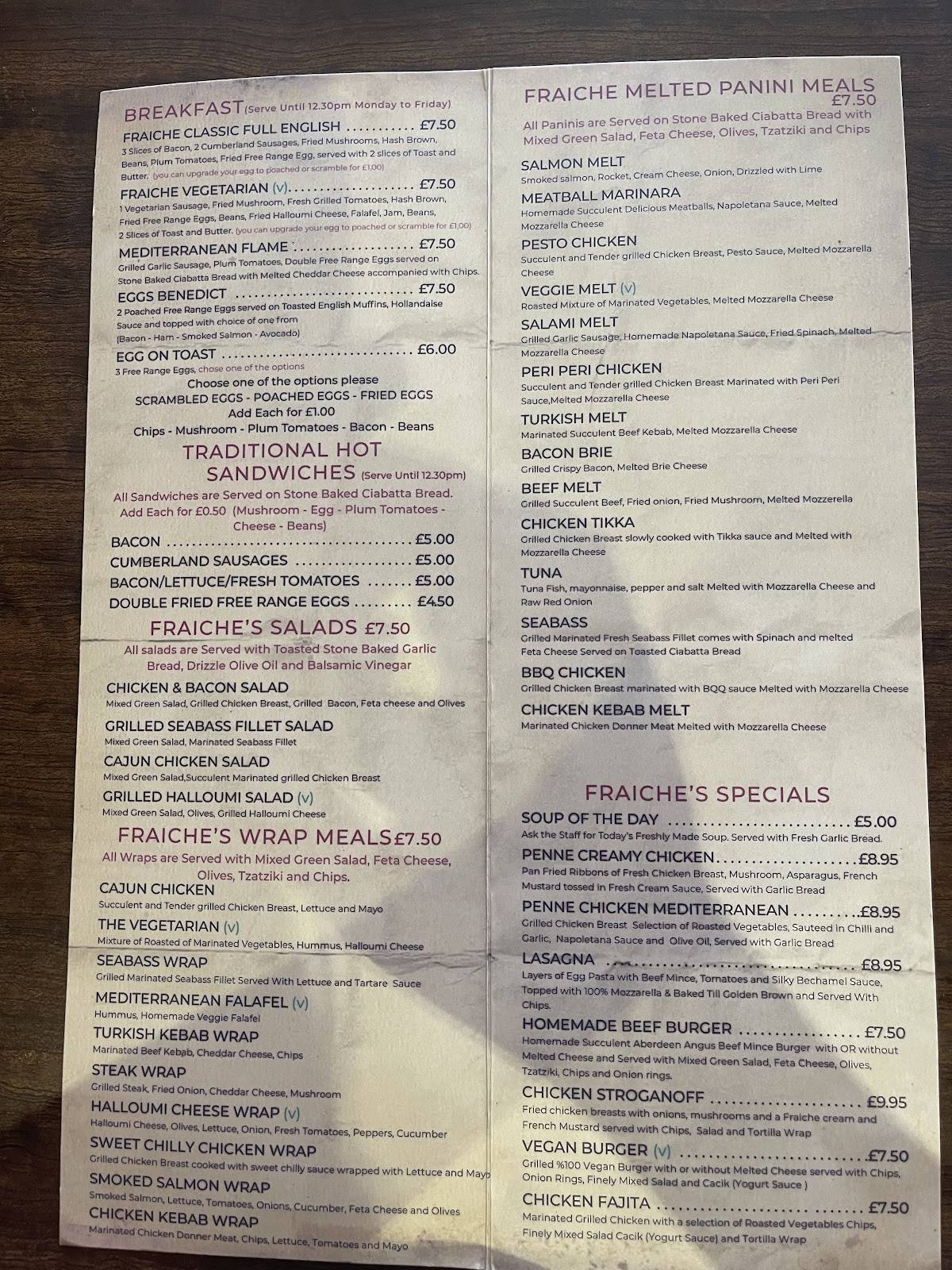 Menu at Cafe Fraiche, Leeds, 33 Rodley Ln