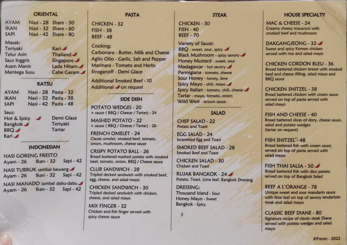 Menu at Fresto Cafe, Kudus