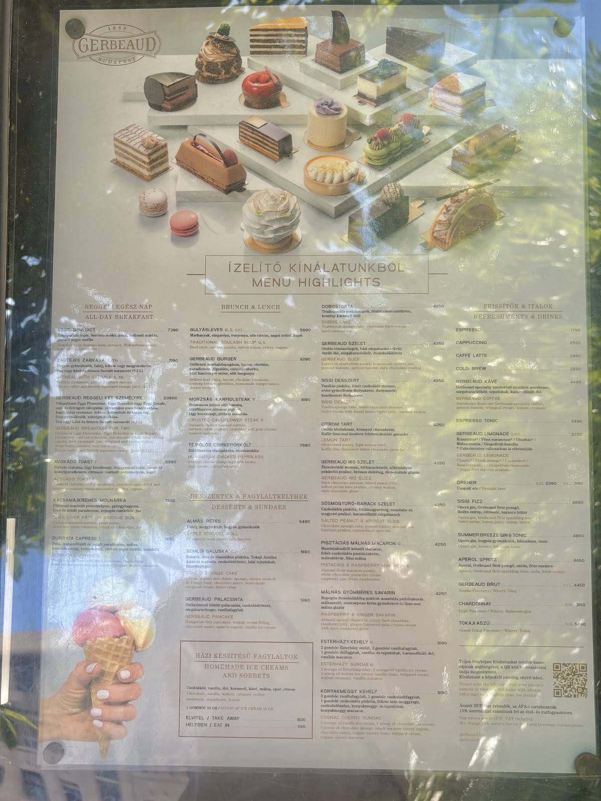Menu at Café Gerbeaud cafe, Budapest