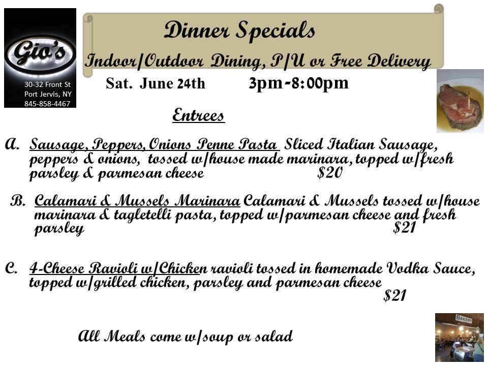 Menu at Gio's Gelato cafe, Port Jervis, 31 Pike St