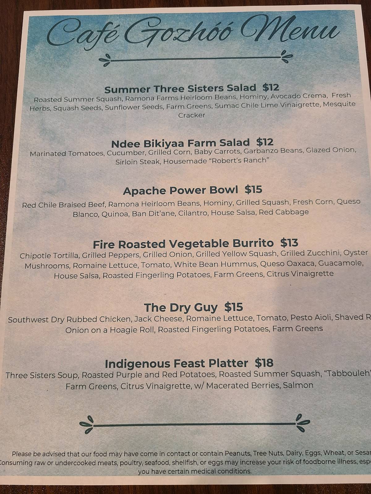 Menu at Café Gozhóó restaurant, Whiteriver