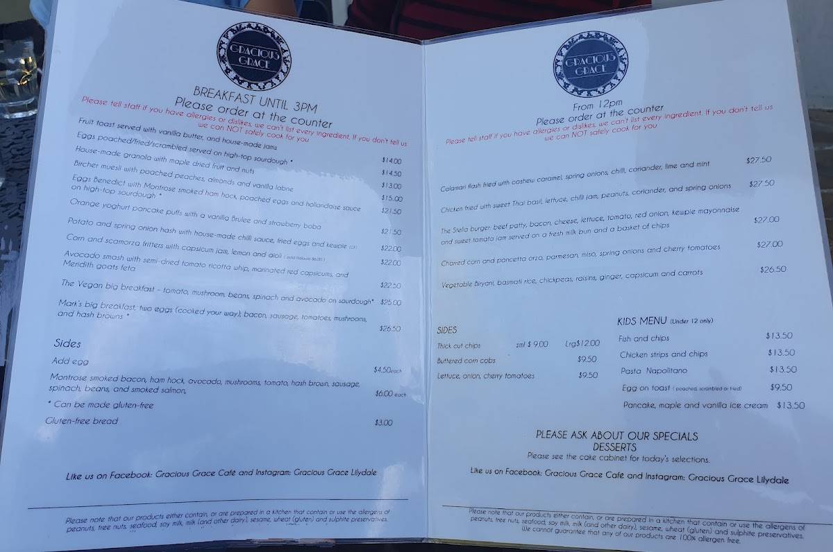 Menu at Gracious Grace cafe, Lilydale