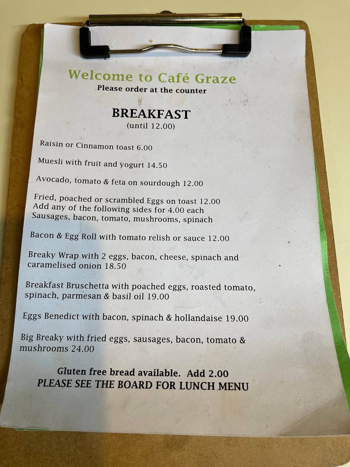 Menu at Cafe Graze, Walcha