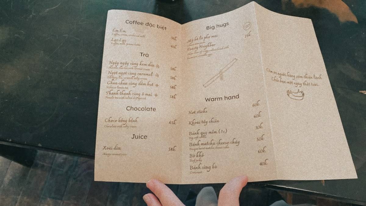 Menu at Hanoi Neighbors cafe, Hanoi