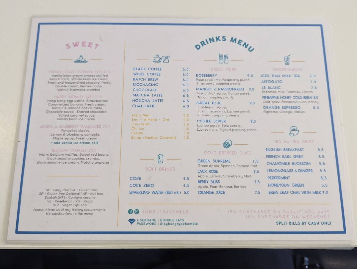 Menu at Humble Rays cafe, Carlton