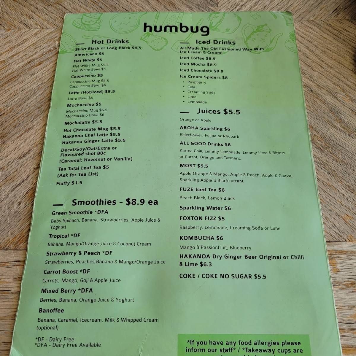 Menu at Humbug Cafe, Auckland