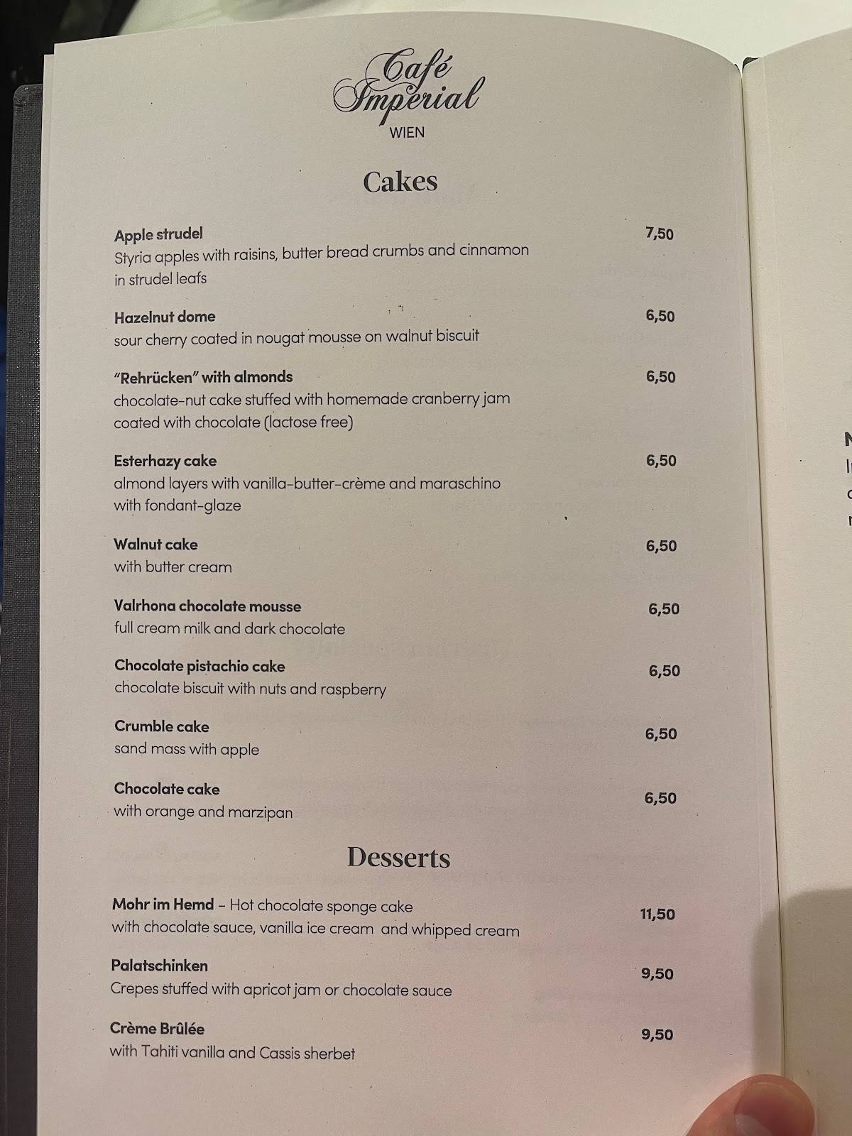 Speisekarte von Café Imperial cafe, Wien