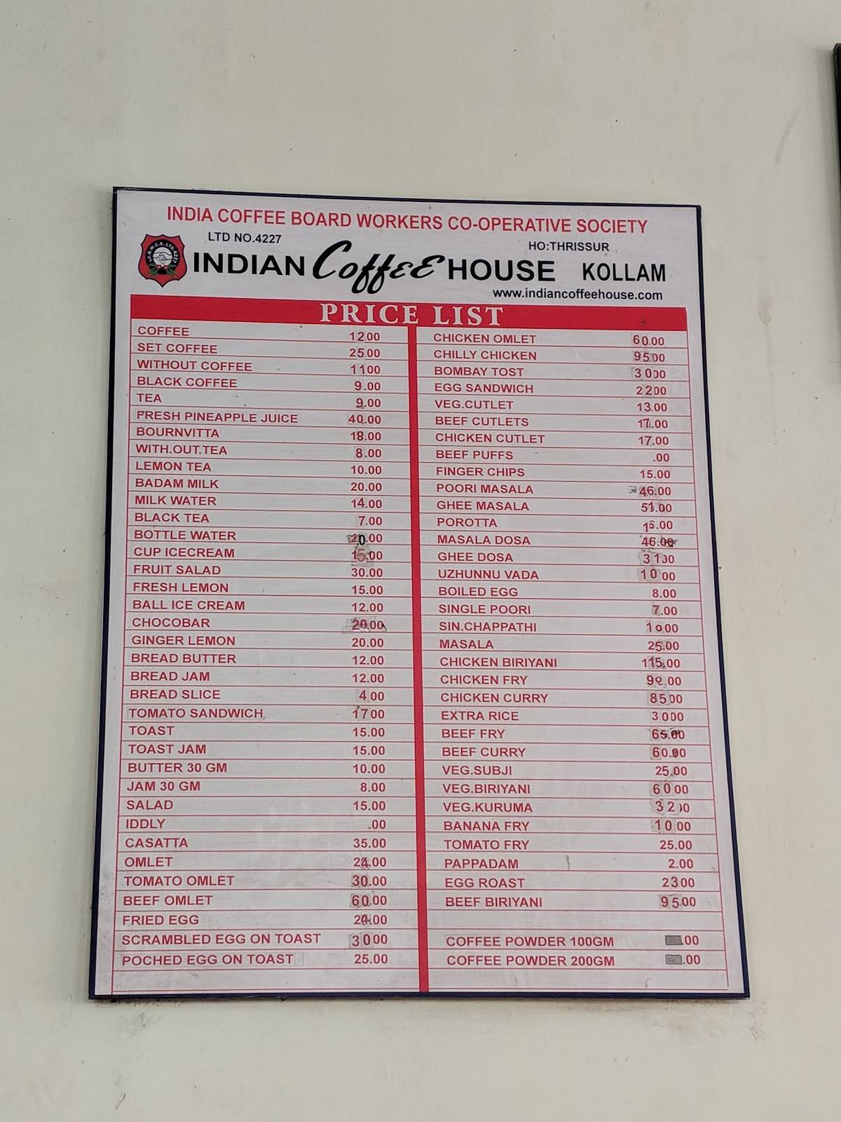 Menu at Indian Coffee House, Kollam, Kollam, VHQP+VMR