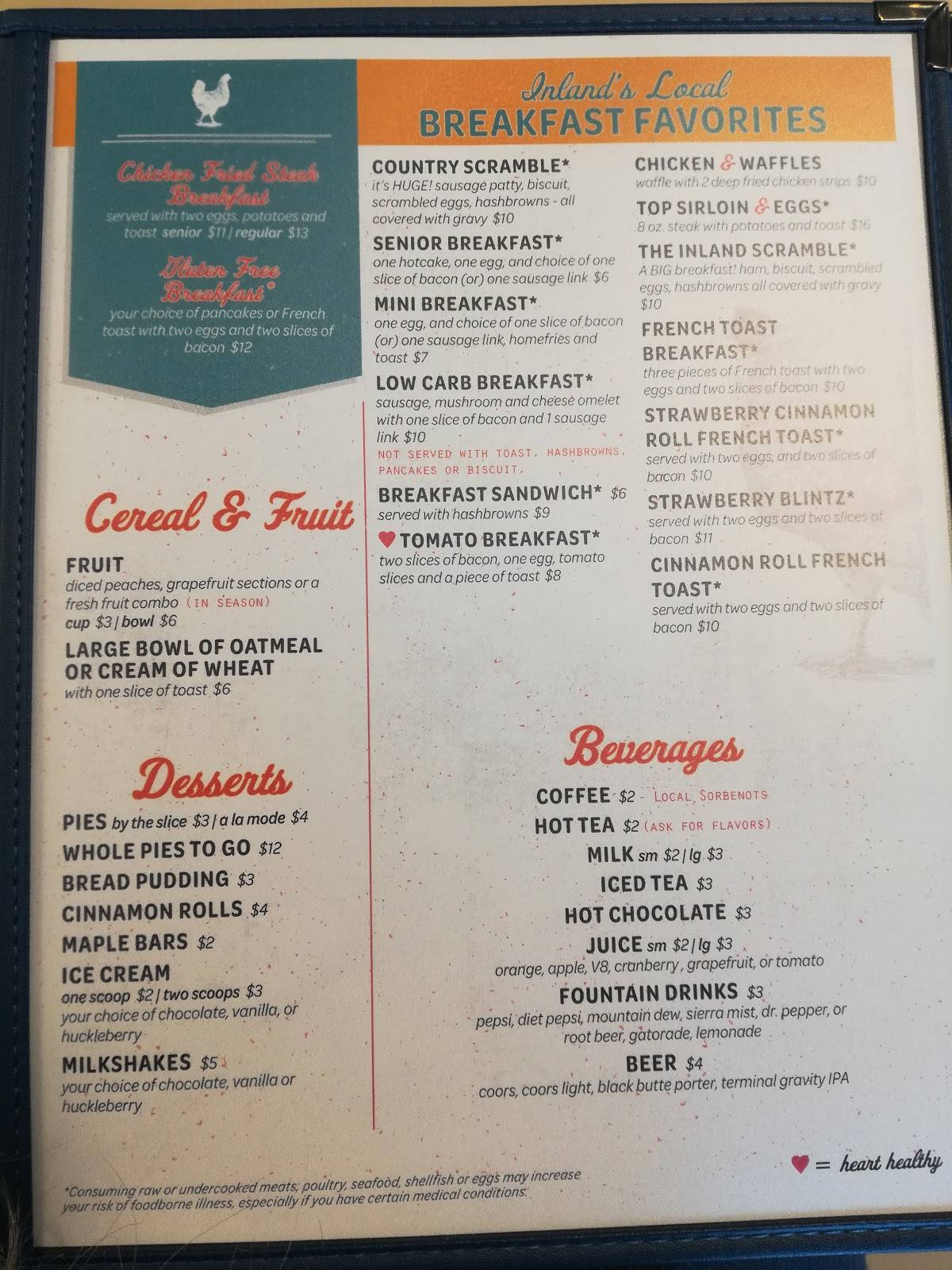 Menu at Inland Cafe, Baker City