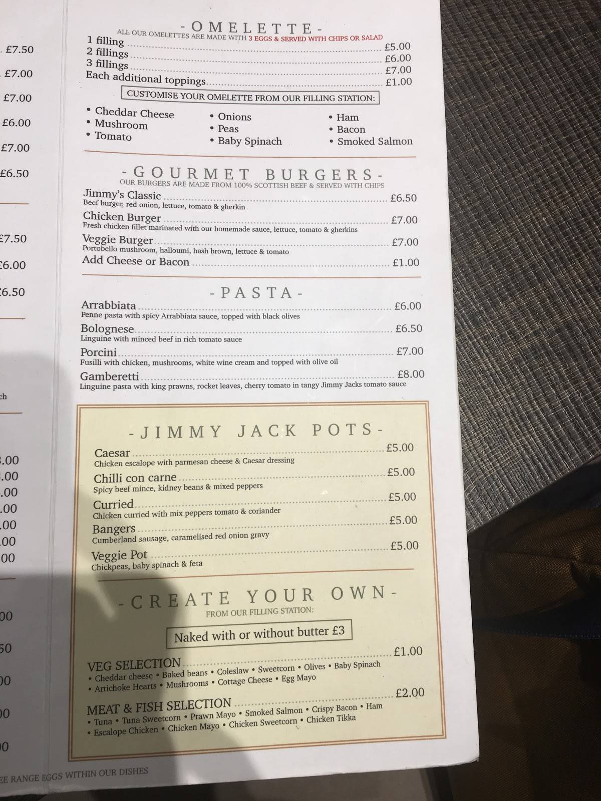 Menu at Jimmy Jacks cafe, London