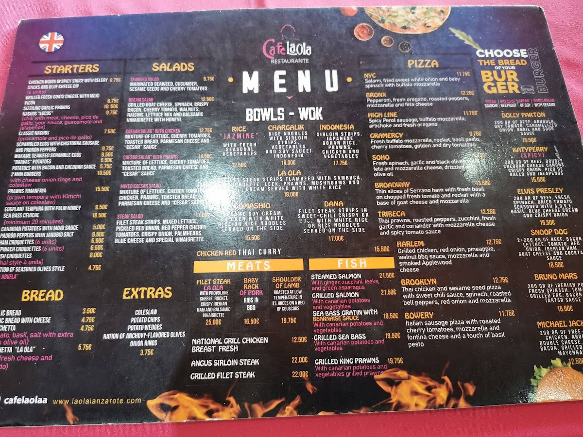 Menu at Cafe La Ola, Puerto del Carmen, Av. de las Playas