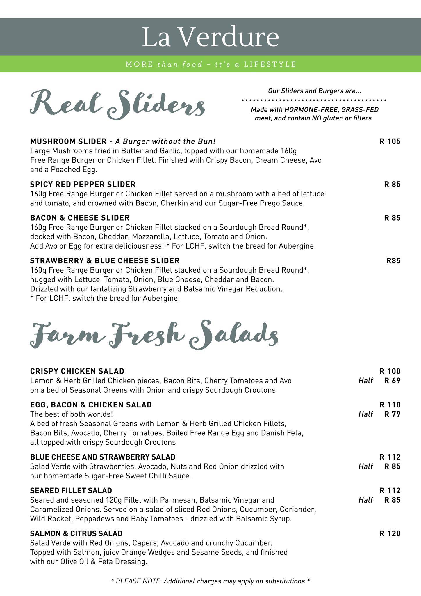 Menu at La Verdure Real Food Cafe, Gillitts