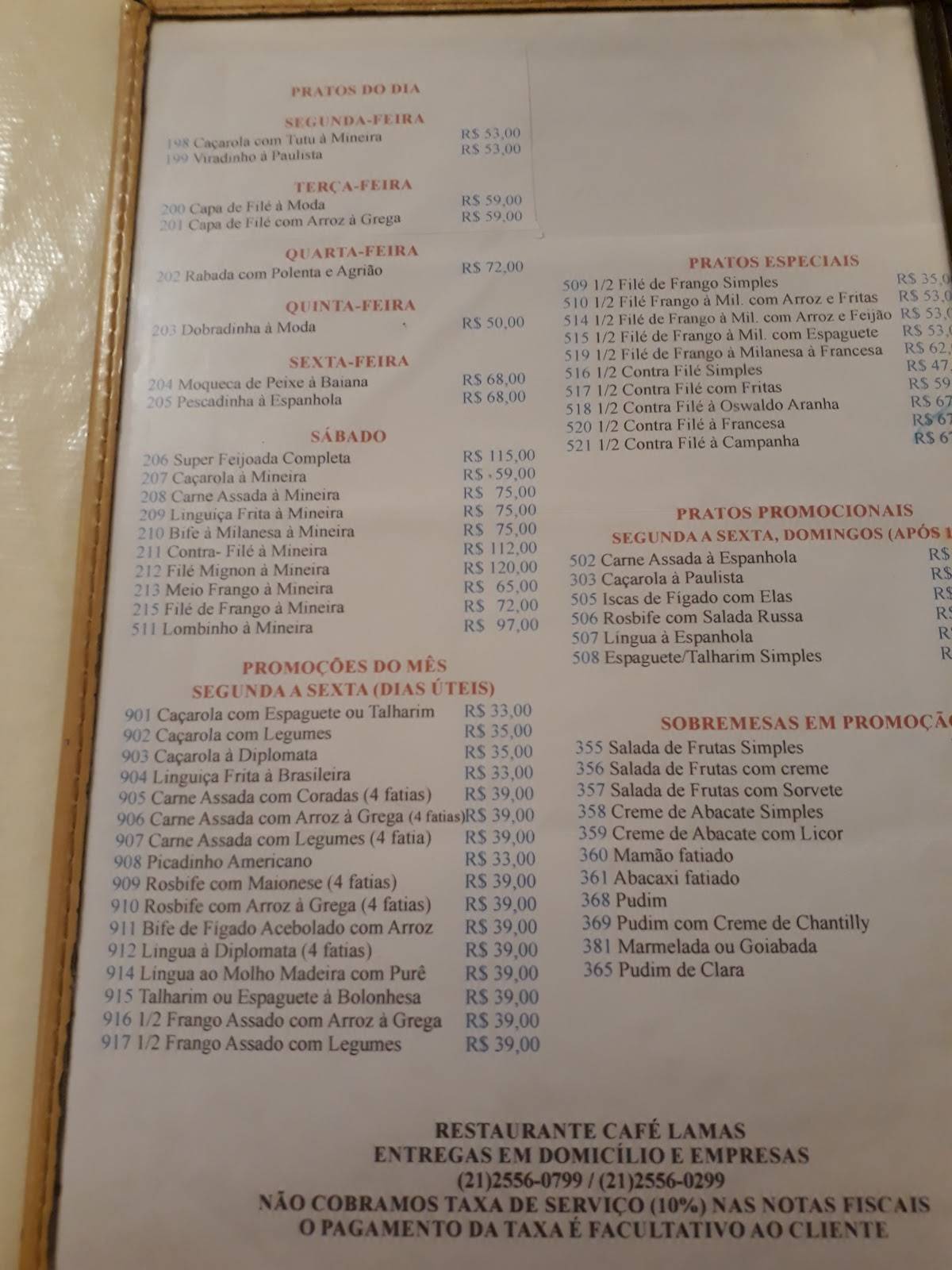 Menu em Café Lamas, Rio de Janeiro, R Marquês de Abrantes 18