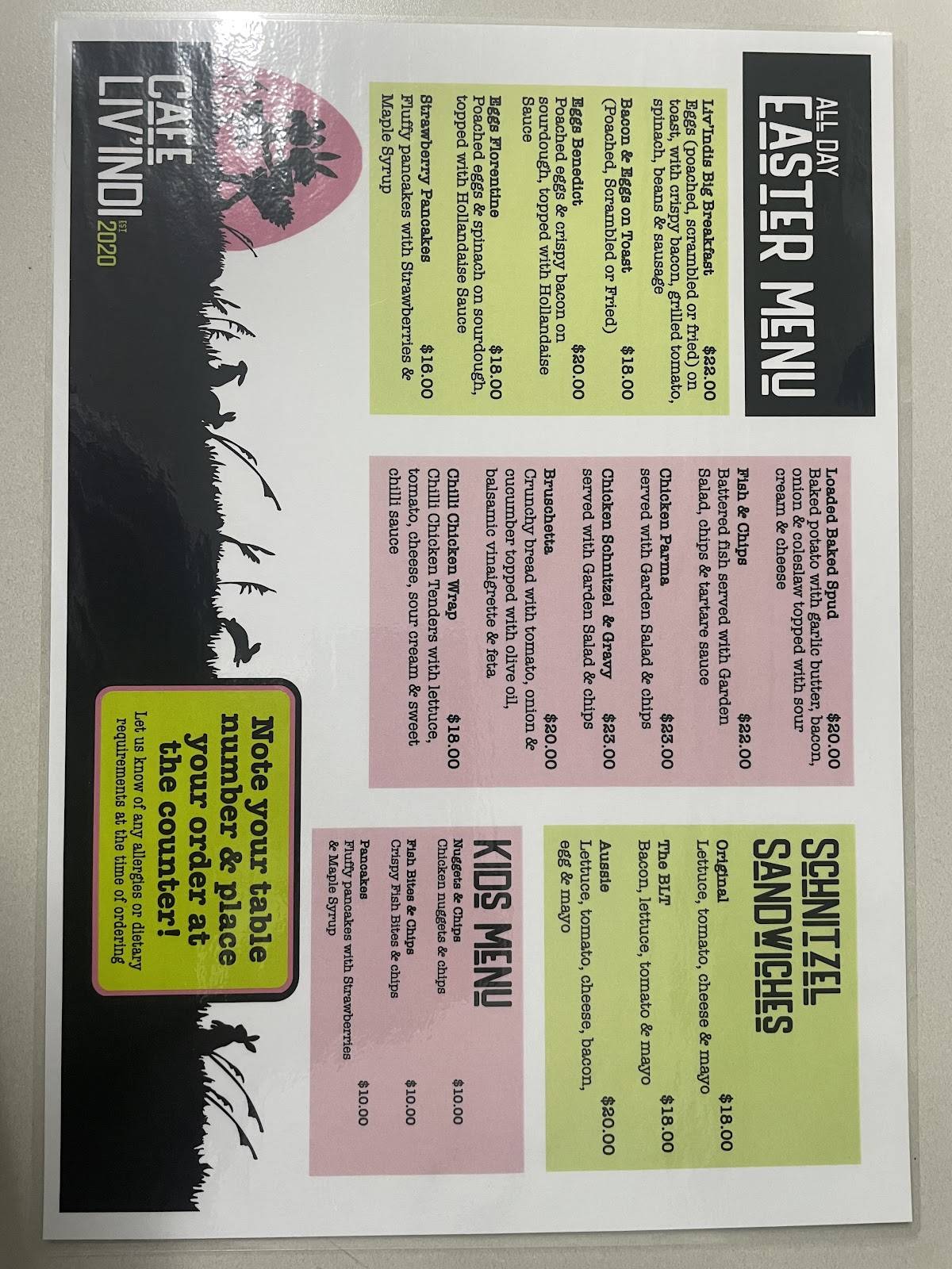 Menu at Cafe Liv'Indi, Stawell