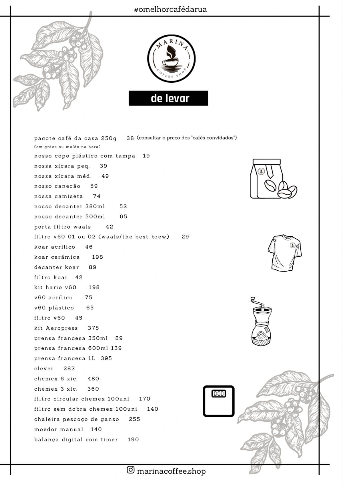 Carta del café Marina Coffee Shop, Maceió