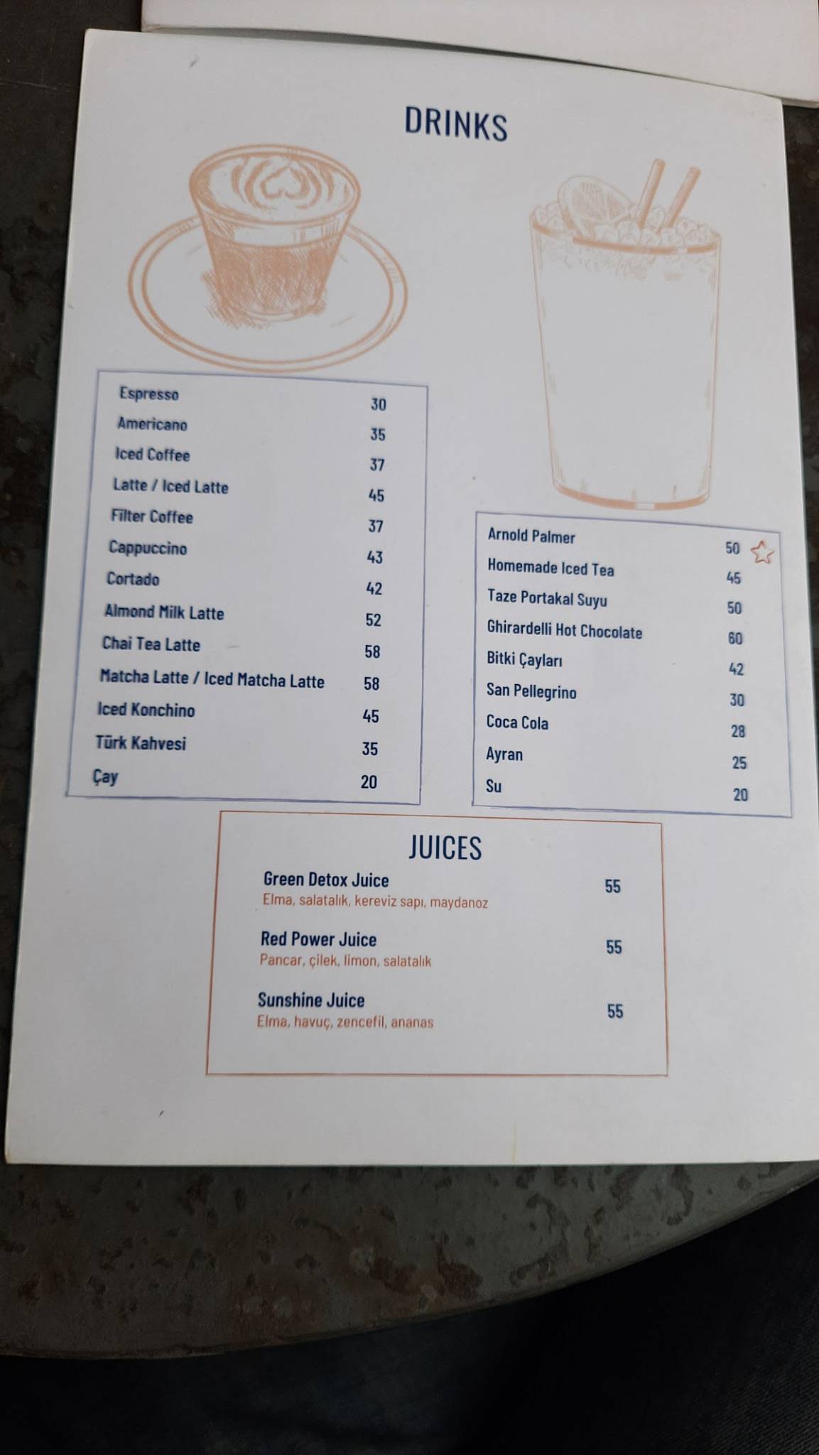 Menu at Melina Kantina cafe, Istanbul